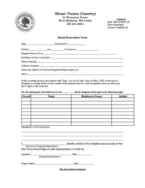Fillable Online Burial Reservation Form West Boylston Fax Email Print