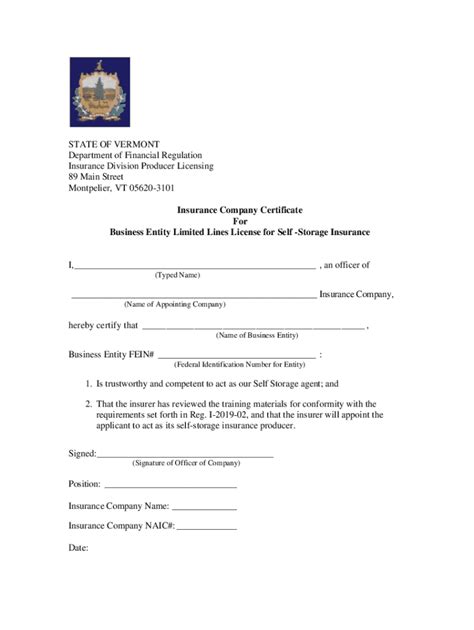 Fillable Online Dfr Vermont Company Certificate Self Storage Insurance