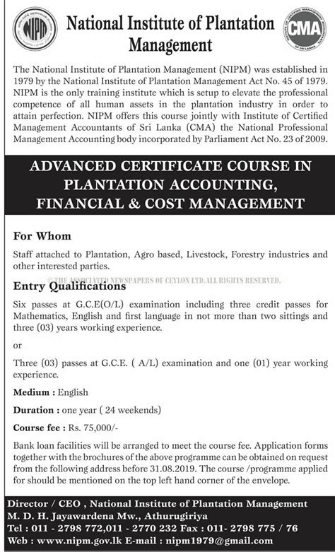 Advanced Certificate Course In Plantation Accounting Financial Cost