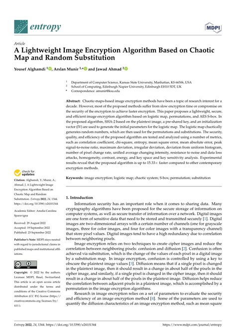 pdf a lightweight image encryption algorithm based on chaotic map and random substitution