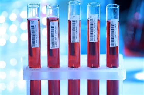 Tubos De Ensayo Con Sangre En Soporte Sobre Fondo Borroso Foto Premium