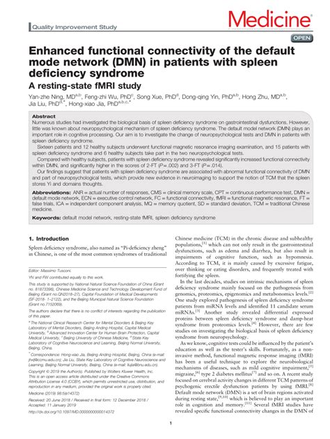 pdf enhanced functional connectivity of the default mode network dmn in patients with spleen
