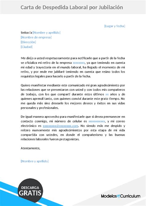 41 Carta De Despedida Laboral Por Jubilacion DESCARGA GRATIS Lugar Y