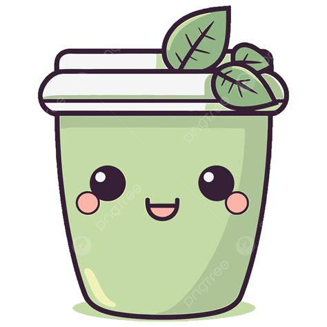 Cute Kawaii Green Tea In The Cup With Leaf Vector Greentea Kawaii