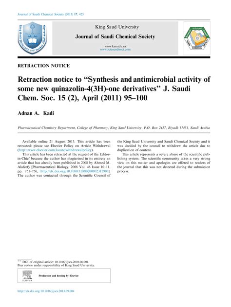 PDF Retraction Notice To Synthesis And Antimicrobial Activity Of
