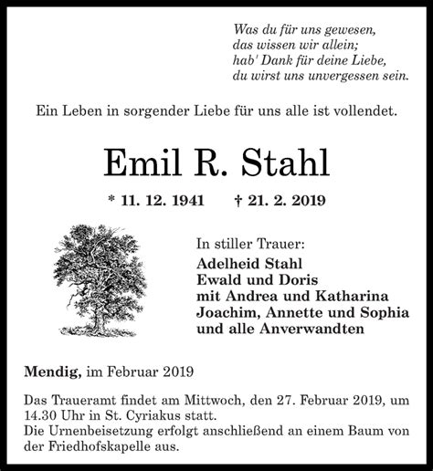 Traueranzeigen Von Emil R Stahl Rz Trauer De
