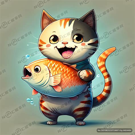 AI创作图一只抱着鱼的卡通猫咪面带微笑nipic 昵图网