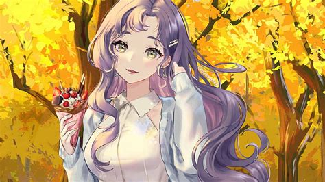 Green Eyes Long Hair Anime Girl In Yellow Autumn Leaves Trees Background Anime Girl Hd