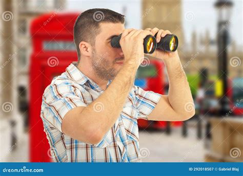 Man Looking Through Binocular Stock Image Image Of Background