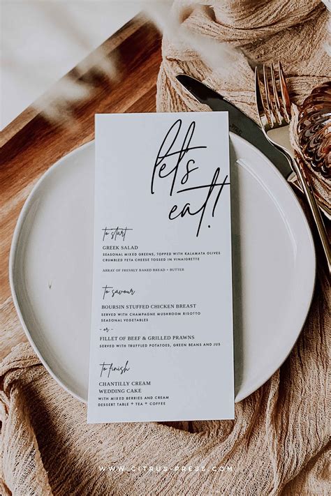 Simple Modern Wedding Menu DIY Printable Template Wedding Menu