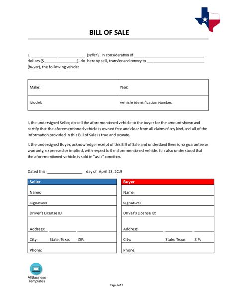 Free Printable Texas Vehicle Bill Of Sale Form