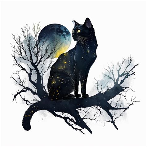 Hay un gato negro sentado en la rama de un árbol con una luna llena en
