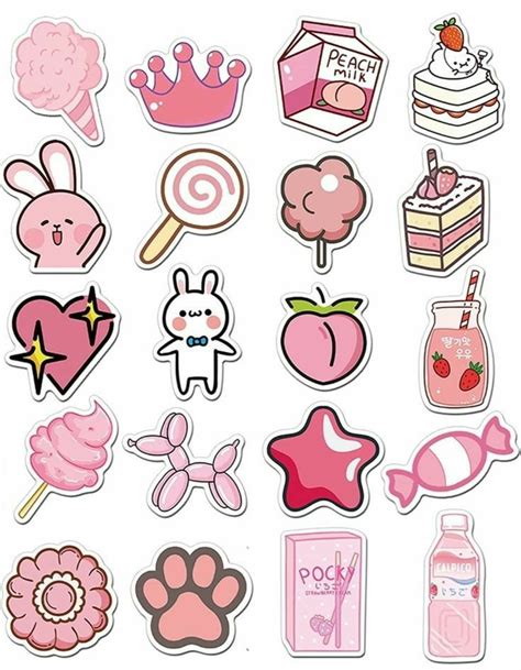 Various Stickers Are Shown In Pink And White Including An Apple Cake