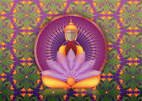 Buddha Sitting In Meditation Over Golden Mandala Esoteric Purple Lotus