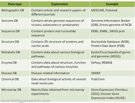 different types of biological databases simplified list bioinformatics summarized database