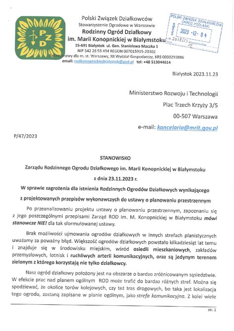 PZD OZ PODLASKI Stanowisko Zarządu ROD im Marii Konopnickiej w