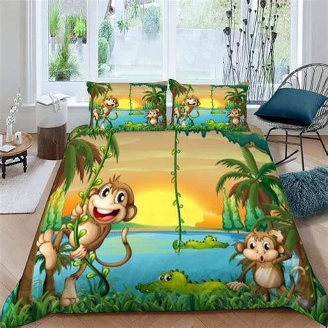 Parure De Lit 3 Pièces Singe Crocodile Dessin Animé Housse De Couette