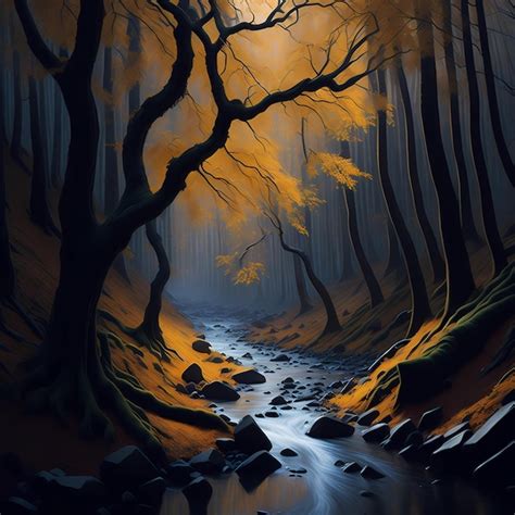Una Pintura De Un Arroyo Que Atraviesa Un Bosque Foto Premium
