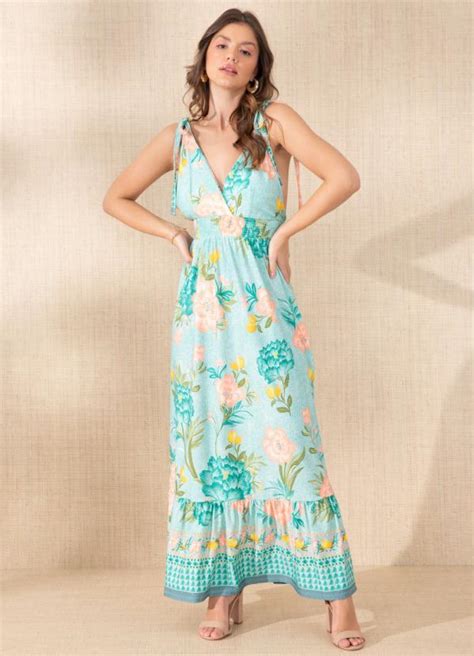 Vestido Longo Floral Verde Al A E Babado Quintess