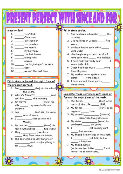 Present Perfect With Since And For G English ESL Worksheets Pdf Doc