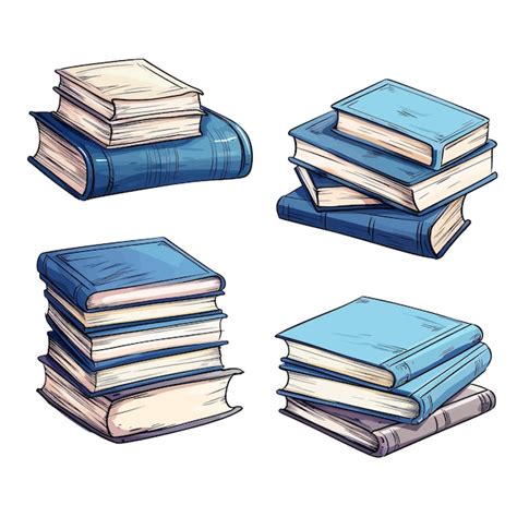 Conjunto de vários livros desenhados à mão capa azul Vetor Premium