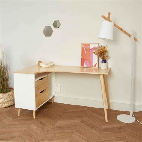 Bureau D Angle En Bois Style Scandinave Blanc Et Naturel TERRE DE