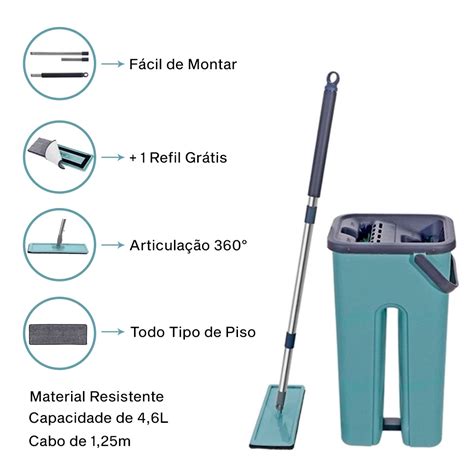 Mop Lava E Seca Flat Multiuso Vertical Balde Esfregão Rodo Refil
