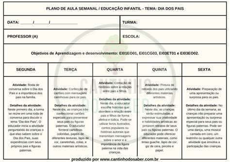 Plano De Aula Semanal Sobre O Dia Dos Pais Do Educa O Infantil