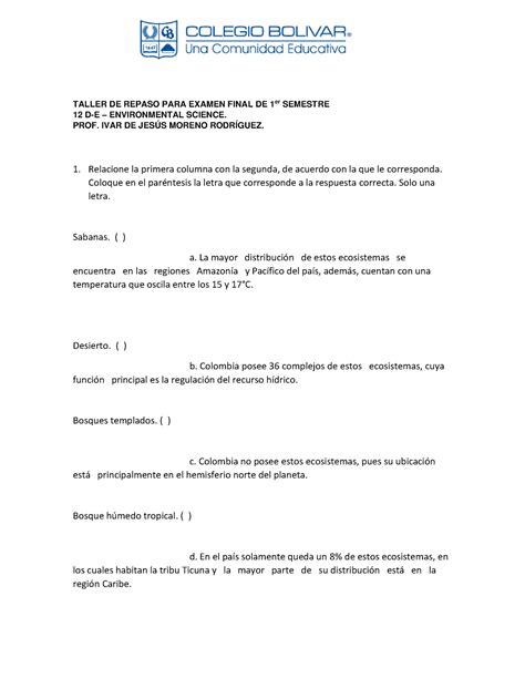 Taller DE Repaso PARA Examen Final DE 1er Semestre 12D E Env Sci