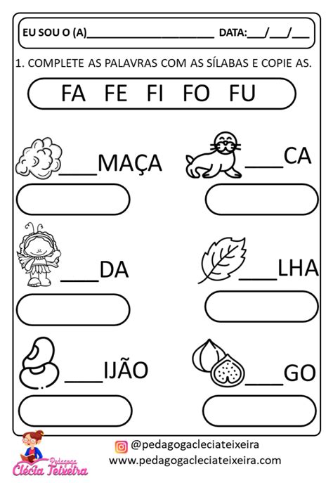 Atividades de alfabetização Famílias Silábicas Clécia Teixeira