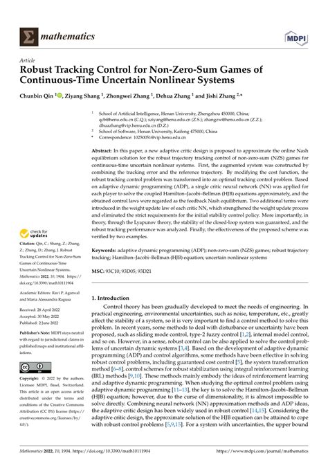 pdf robust tracking control for non zero sum games of continuous time uncertain nonlinear systems