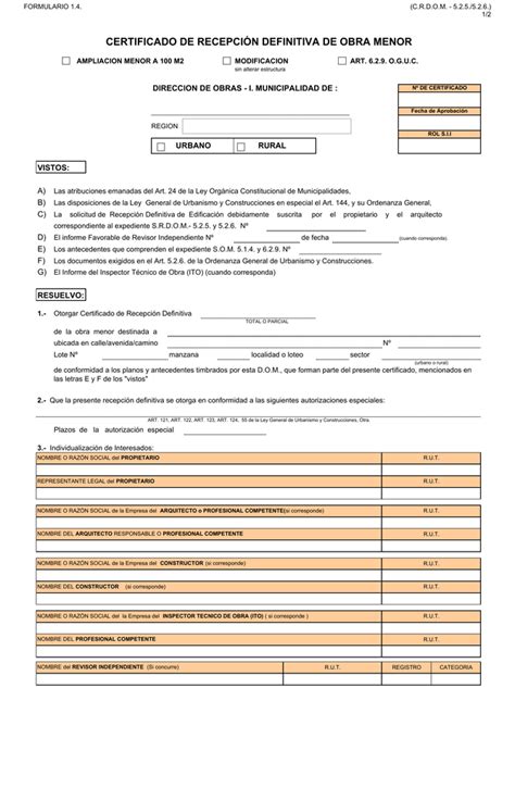 1 4 Certificado de Recepción Definitiva de Obra Menor