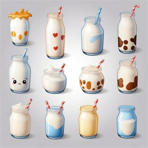 Un dessin de bouteilles de lait et de lait avec différentes couleurs et