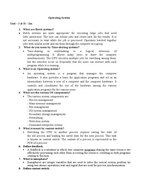 operating system unit i and ii 2m 1 what are batch systems pdf process computing