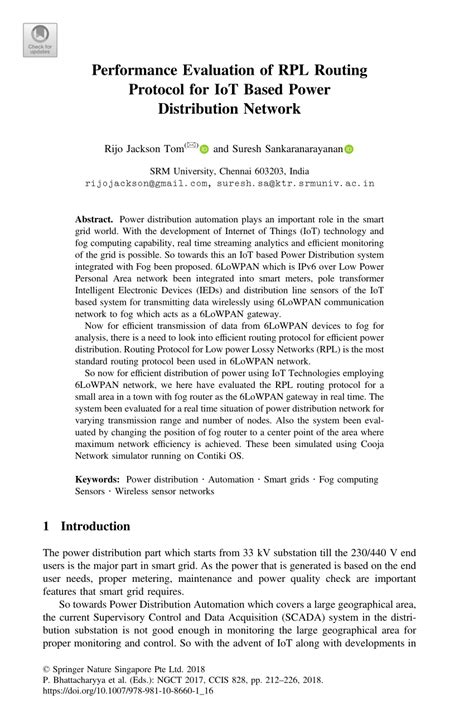 pdf performance evaluation of rpl routing protocol for iot based power distribution network