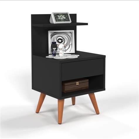 Mesa de Cabeceira Retrô Sleep Pés Palito 1 Gaveta Preto