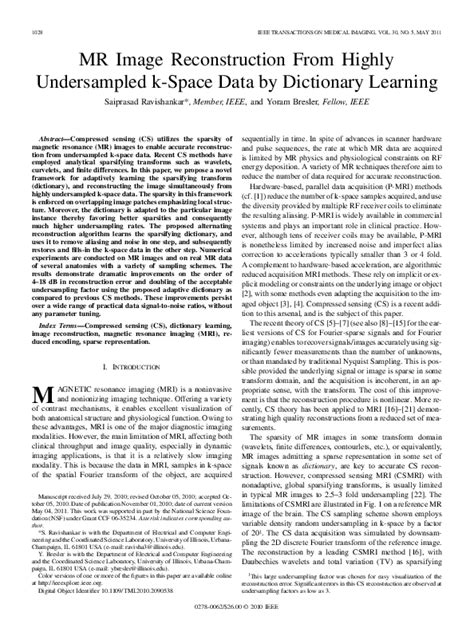 pdf mr image reconstruction from highly undersampled k space data by dictionary learning