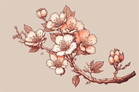 Una Rama De Una Flor De Cerezo Con Flores Y Hojas Vector Premium