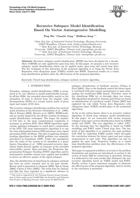 pdf recursive subspace model identification based on vector autoregressive modelling