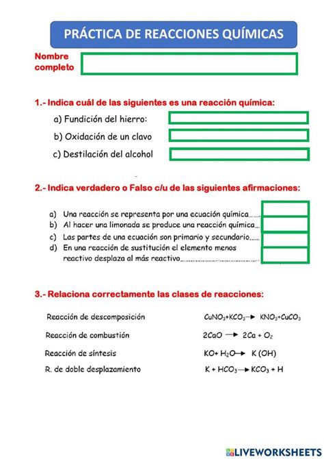 Ejercicio de Practica de reacciones quimicas Enseñanza de química