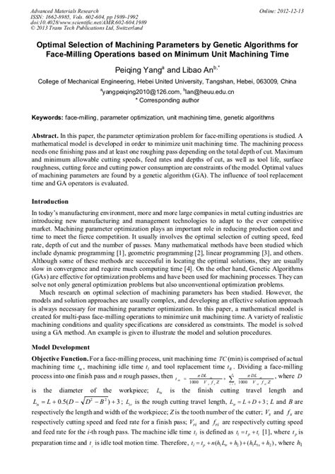 optimal selection of machining parameters by genetic algorithms for face milling operations
