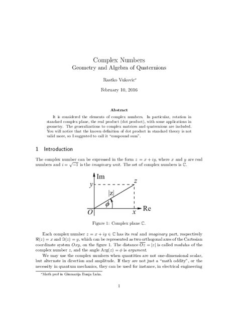 pdf complex numbers geometry and algebra of quaternions rastko vuković