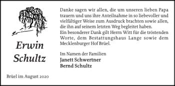 Traueranzeigen Von Erwin Schultz Trauer Nordkurier