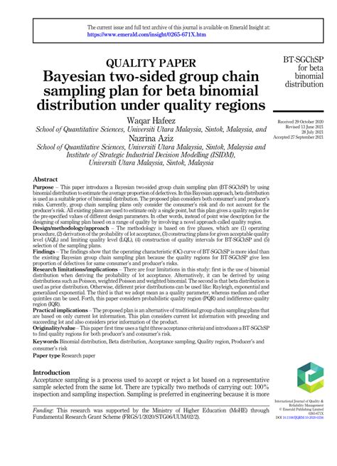 pdf bayesian two sided group chain sampling plan for beta binomial distribution under quality