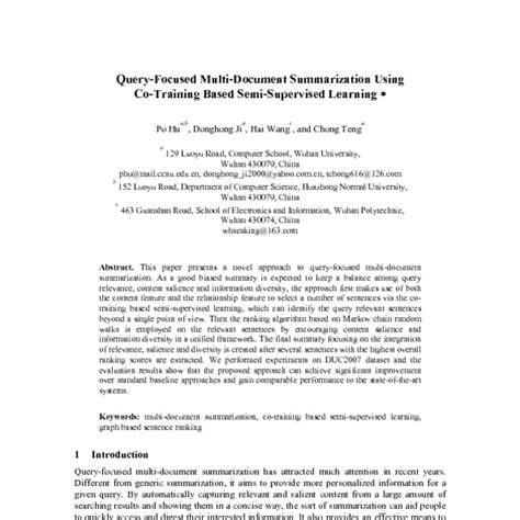 query focused multi document summarization using co training based semi supervised learning