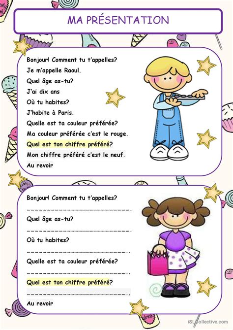 Ma présentation Questions compréhe Français FLE fiches pedagogiques