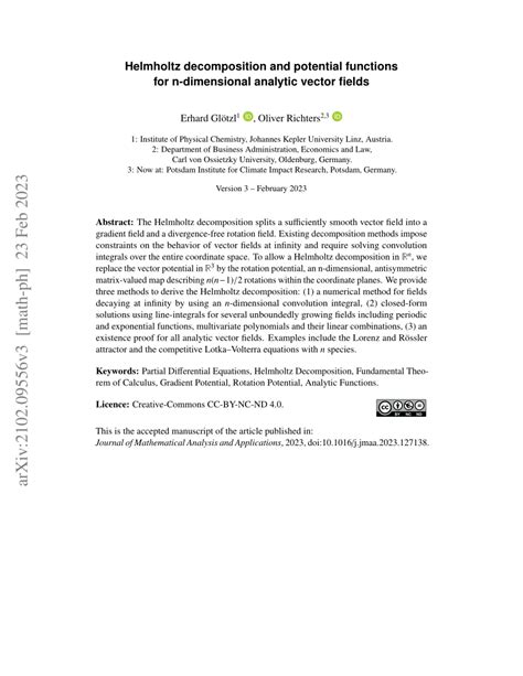 pdf helmholtz decomposition and potential functions for n dimensional analytic vector fields