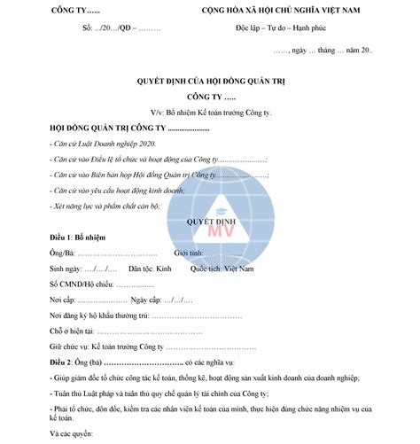 Mẫu Quyết định bổ nhiệm kế toán trưởng mới nhất 2024