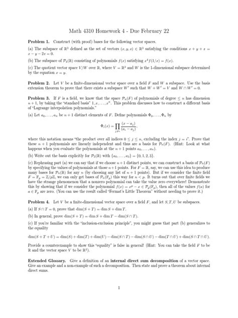 4310 hw4 pdf pdf basis linear algebra linear subspace