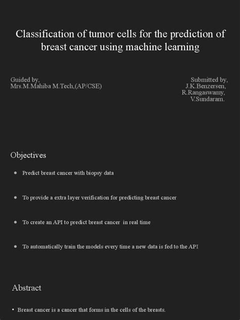 classification of tumor cells for the prediction of breast cancer using machine learning pdf